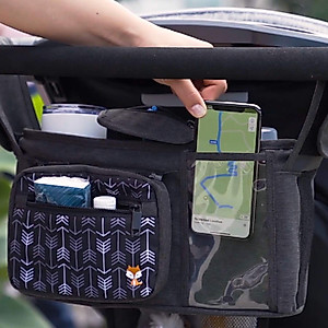 OmniKit Baby Stroller Organizer with LARGE Smart Phone Holder by Lil Fox. Stroller Bag Bottle and Stroller Cup Holder, Stroller Caddy for Baby Things. Stroller Accessories, Unisex Baby Shower Gifts