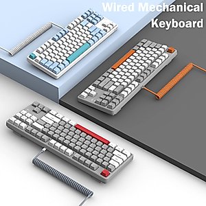 A.JAZZ AK873 Wired 87 Key TKL Retro Color Mechanical Gaming Keyboard with Rainbow Backlit Hot-swap Linear Red Switch NKRO Gasket Custom Coiled Aviator C to A Cable for Win/PC/Mac Gamer(White Gray)