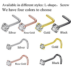 BLESSMYLOVE 6pcs 20g 3.0mm Clear CZ 316L Surgical Steel Silver Nose Studs Nostrial Piercing Body Jewerly L Shaped Studs for Women, Cubic Zirconia Stainless Steel Nose Rings