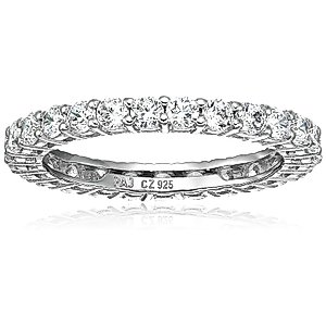 Amazon Essentials Platinum Over Sterling Silver Round Cut Cubic Zirconia All-Around Band Ring (2.5mm), Size 8, (previously Amazon Collection)
