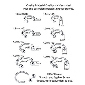 Ovxznts 16G Surgical Steel Nose Septum Horseshoe Hoop Earring Eyebrow Tragus Helix Lip Rings Piercing Jewelry Ball Spike Silver-tone