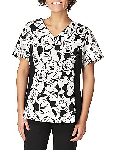 Disney Cherokee Women's V-Neck Knit Panel Top Big Minnie, Black, X-Large