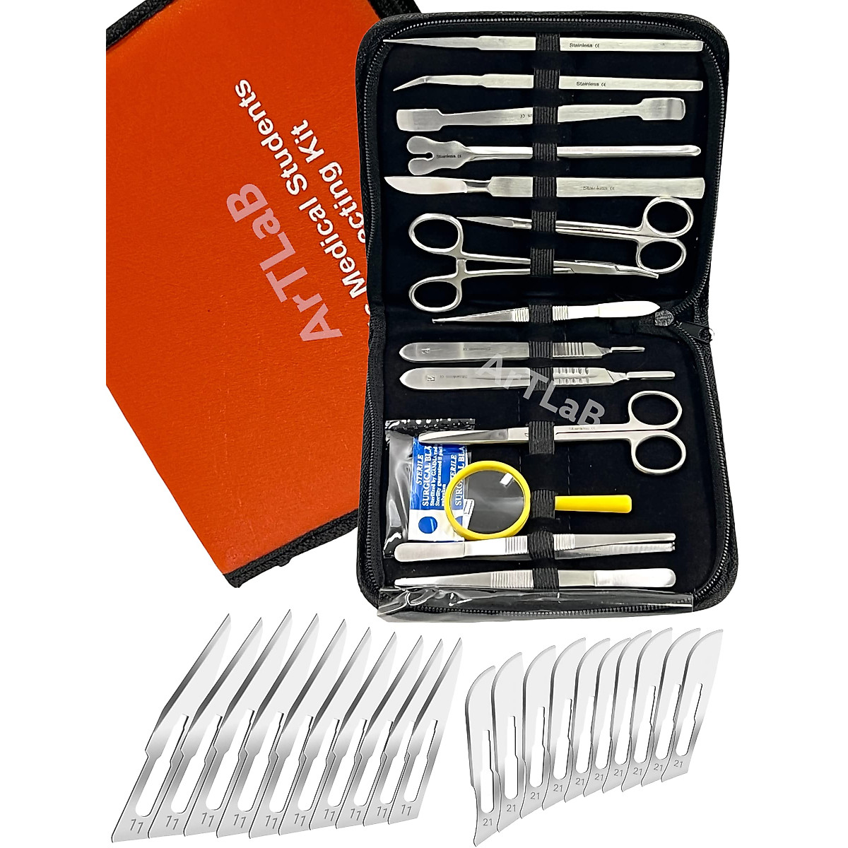 New Premium Stainless Steel Biology Lab/Anatomy/Medical Student Dissection Kit Set - Scalpel Knife Handle,Blades, Forceps, Scissors and Tweezers- Medical Students and Veterinary (Set of 34 Each)