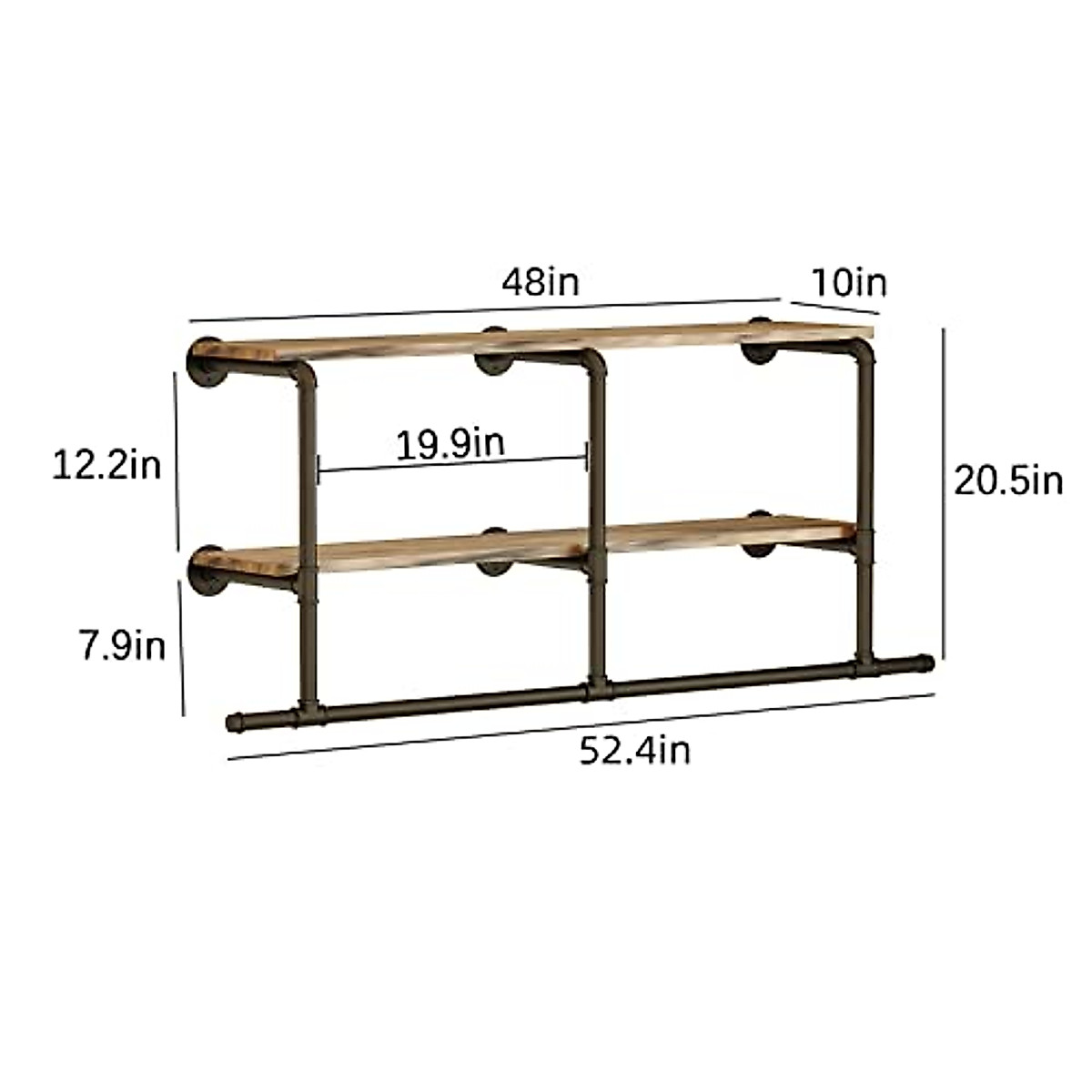 MAIKAILUN Wall Mounted Clothes Rack with Shelf, 52" Long Industrial Pipe Clothing Rack with 2 Tier MDF Shelves Heavy Duty Iron Garment Rack Bar,Retail Display Clothes Rod for Clothes,Laundry Room