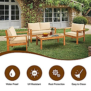 YOLENY 4 Piece Patio Conversation Set, Outdoor Coffee Table with Soft Cushions Chairs, Wood Furniture Set Outdoor Sofa Set for Garden, Poolside, and Backyard