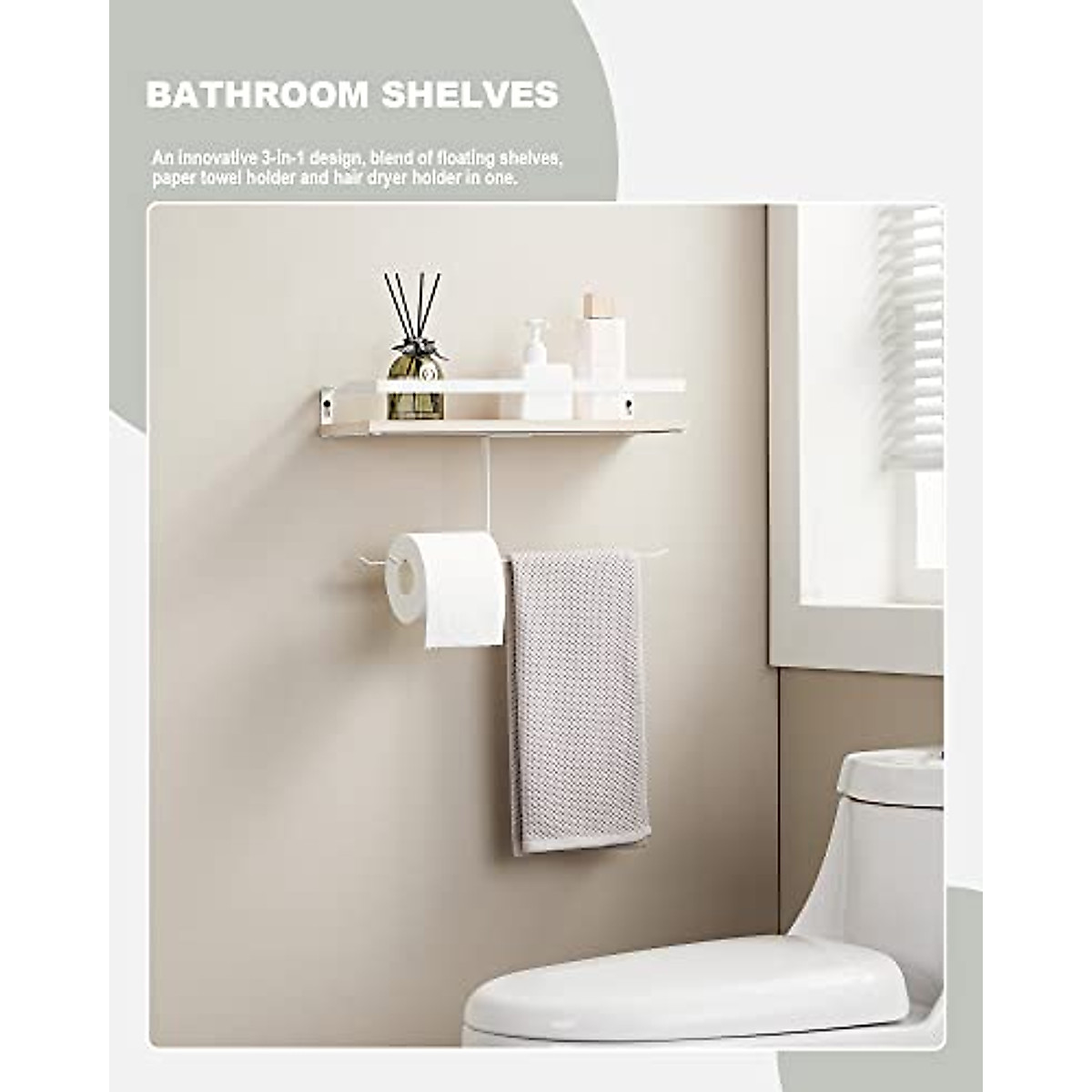 olysmto Floating Shelves, Bathroom Shelf with Paper Towel Holder Hair Dryer Rack, Kitchen Wall Organizer Storage Shelving - Maple Faux Wood