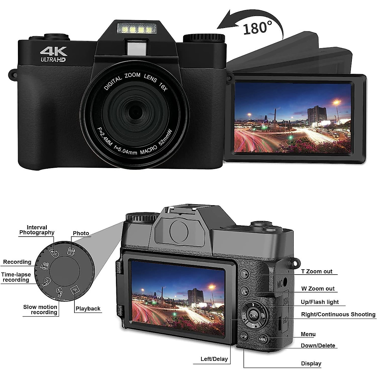 eDealz 4K 48MP Digital Camera Photography with 3’’ 180° Flip Screen, WiFi, 16X Zoom, Rechargeable Battery, 64GB Micro SD Card, 6 PC Card Holder USB Card Reader (Black)