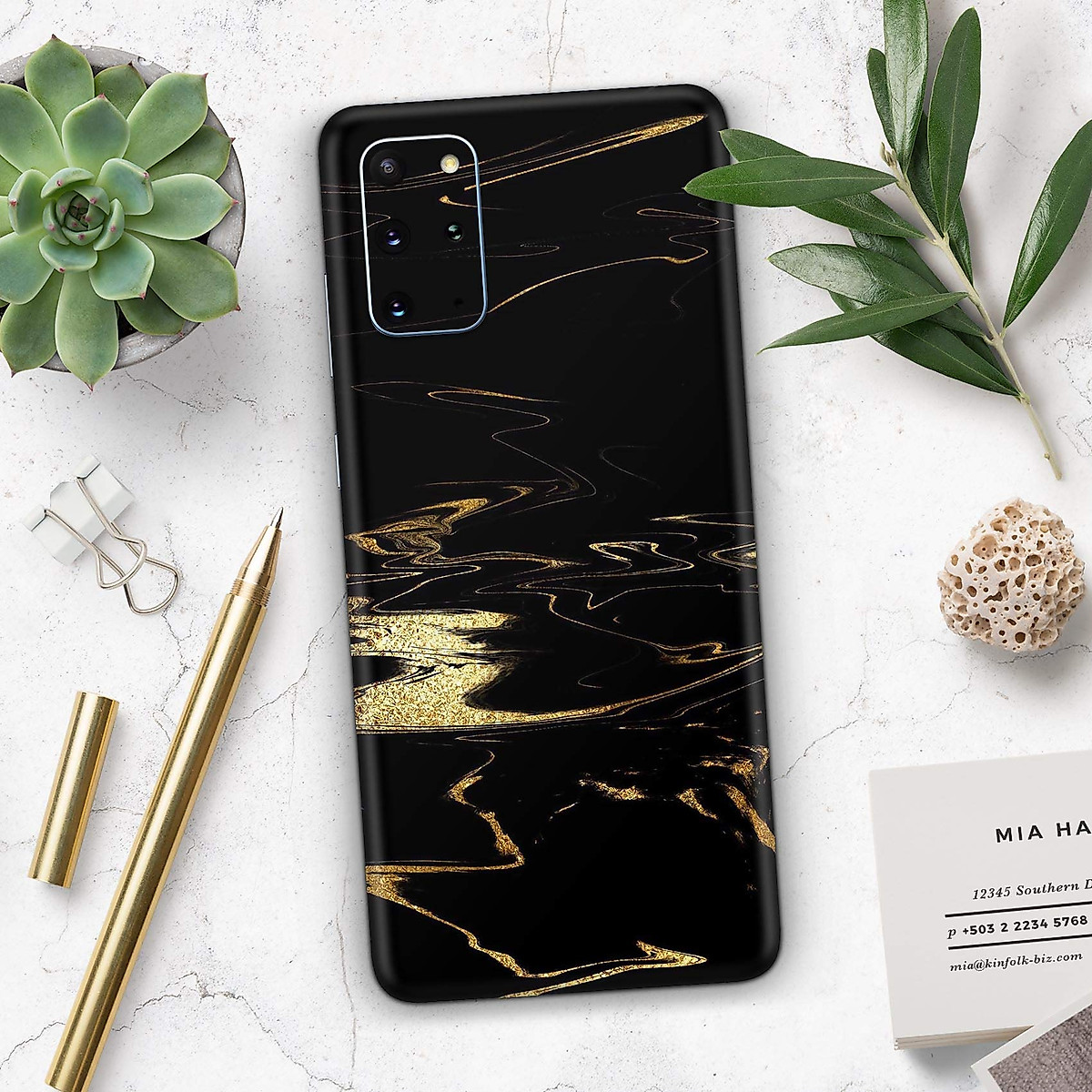 DesignSkinz Black & Gold Marble Swirl V9 Protective Vinyl Decal Wrap Skin Cover Compatible with The Samsung Galaxy S20 (Screen Trim & Back Glass Skin)
