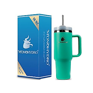 MONOHYDRO 40 oz Tumbler with Handle and Straw - tumbler with straw Stainless Steel Insulated Cup -stainless steel straw, Eco-friendly Materials - conserve temperature up to 24+hours - Caribbean Green