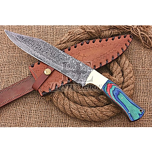 HUNTEX Handmade Hand-Forged Rain Drop Pattern Damascus Steel 14 Inch Long Full Tang Pakka Wood Handle Razor Sharp Hunting Camping Bowie Knife w/Genuine Leather Sheath