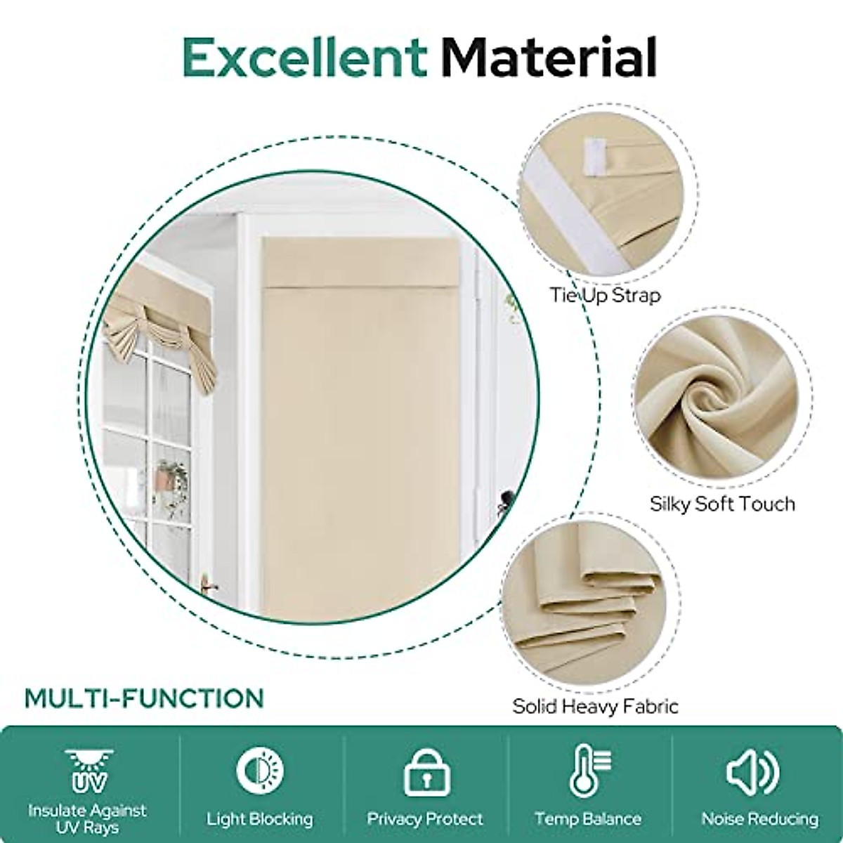 HOMEIDEAS Blackout French Door Curtains for Door Window, Privacy Curtains Set of 2, Covering for Glass Window, Thermal Insulated Shades with Tie Up, 26 X 68 Inch, Beige