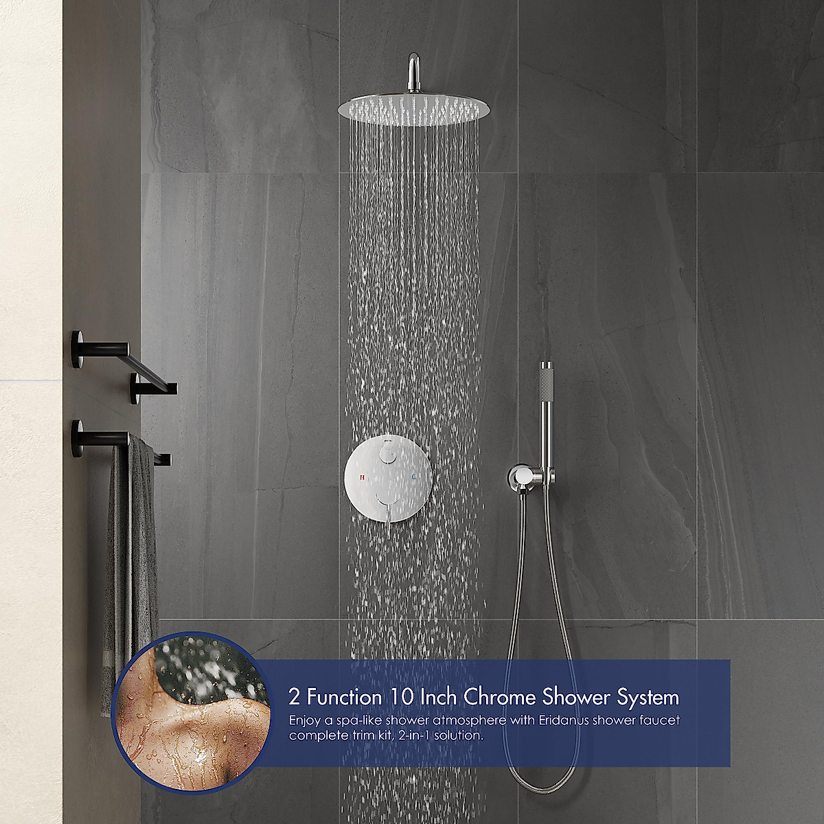 Eridanus 10 Inches Black Shower Set Bathroom Round Rain Shower Head and Handle Set,Wall Mounted Rainfall Shower Fixtures, 2-Function, Matte Black