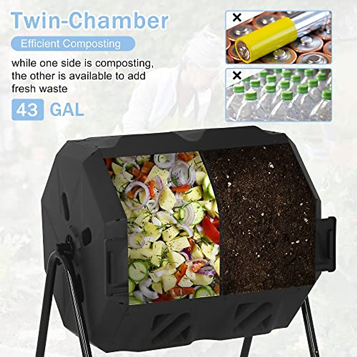 43 Gallon Compost Bin with Dual Chamber Sliding Doors, Outdoor 360° Tumbling Rotating Composting Bins Solid Steel Frame Gardening Compost Tumbler Bucket Trash Can for Patio Yard Waster, Black Door
