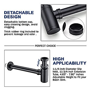 HANEBATH Brass Round Bottle P-Trap 1 1/4, Adjustable Bathroom Basin Sink Waste Trap Drain Kit, Matte Black