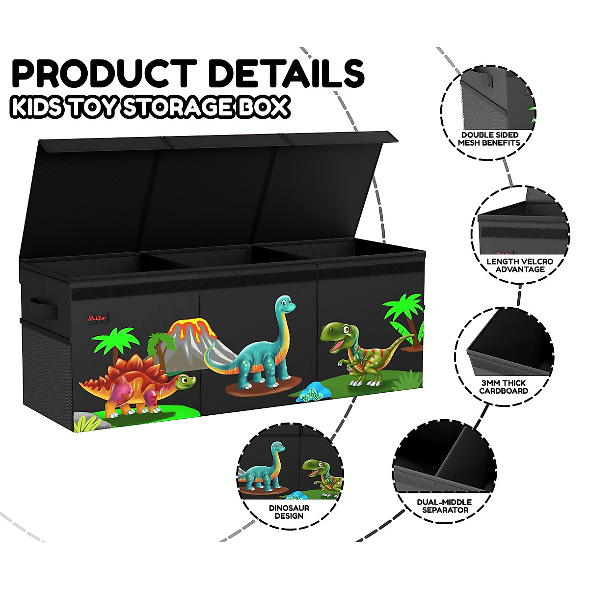 RUTIFUN Extra Large Toy Basket, Collapsible Toy Storage Organizer, Large Toy Chest Basket with Lid, Dinosaur Toy Storage Bin for Boys Girls, Toy Bins for Kids, Toy Box for Toddlers Living Room, Black