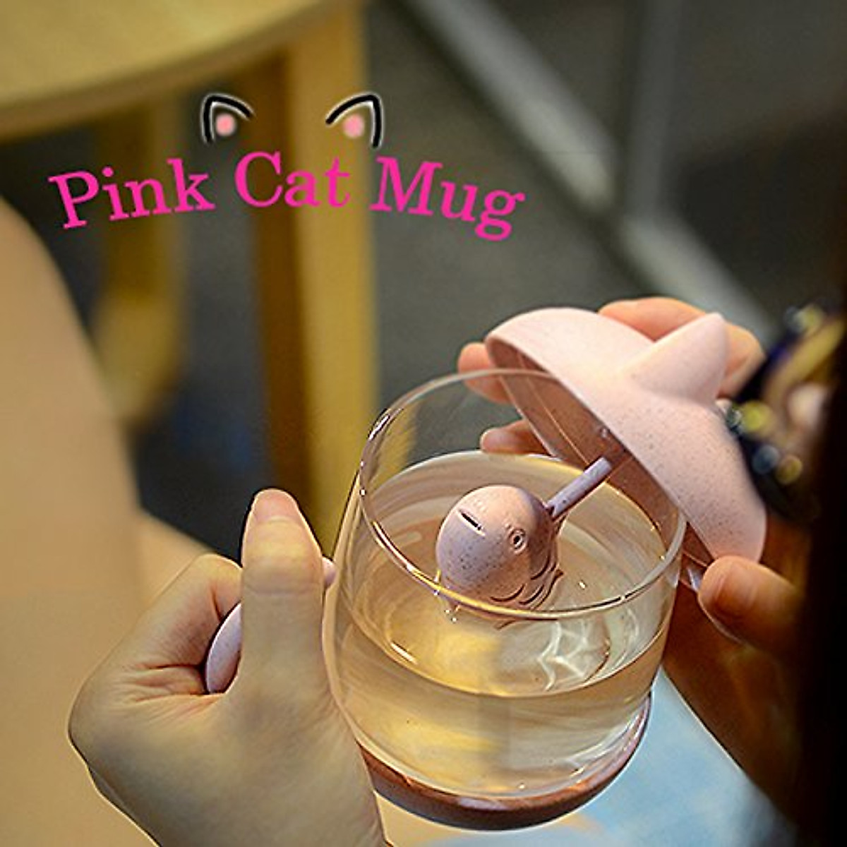 BigNoseDeer Cat Tea Cup Cute Tea Mug Glass Tea Pot with Fish Tea Infuser for Loose Leaf Tea (Pink 8oz)
