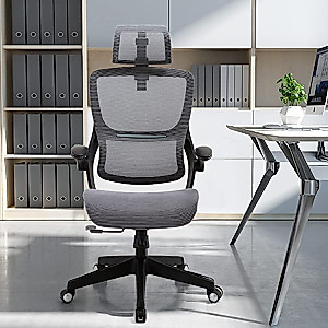 X XISHE Office Chair, Ergonomic Mesh Office Chair, High Back Desk Chair - Adjustable Headrest with Flip-Up Arms, Tilt Function, Lumbar Support, and PU Wheels, Swivel Computer Task Chair