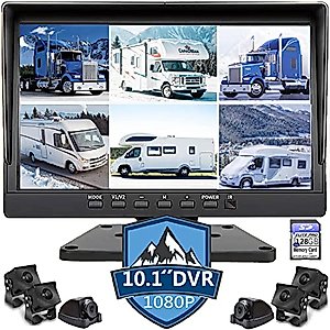 128GB 6 Split Large Screen 10.1 inch 1080P Backup Camera Monitor & Built-in DVR Recorder for RV Truck Trailer Rear Side Front Reversing View Wired System Image Waterproof Avoid Blind Spot