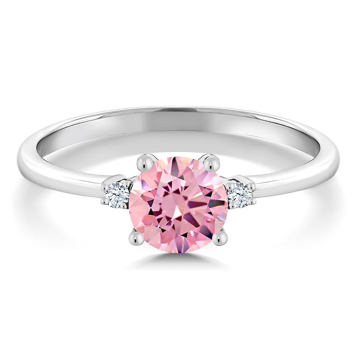 Gem Stone King 10K White Gold Pink Zirconia and White Created Sapphire Solitaire Engagement Ring For Women (1.53 Cttw, Round 6MM, Gemstone Birthstone, Size 9)