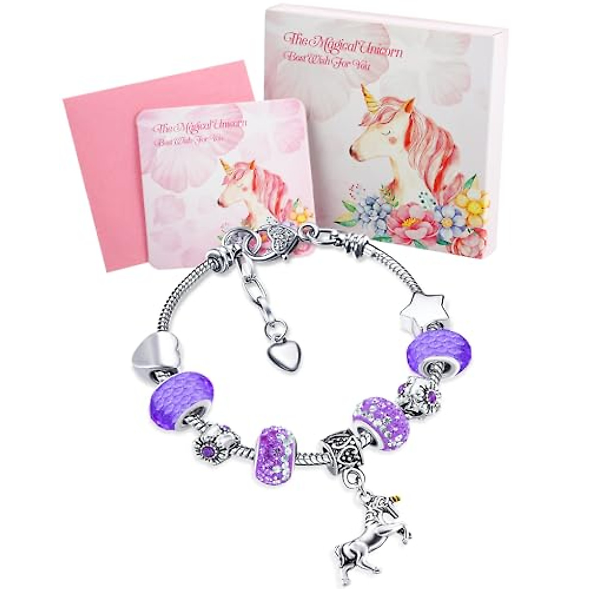 Zhanmai Unicorn Sparkly Crystal Charm Bracelet Bangle with Gift Box Set for Hers Lady