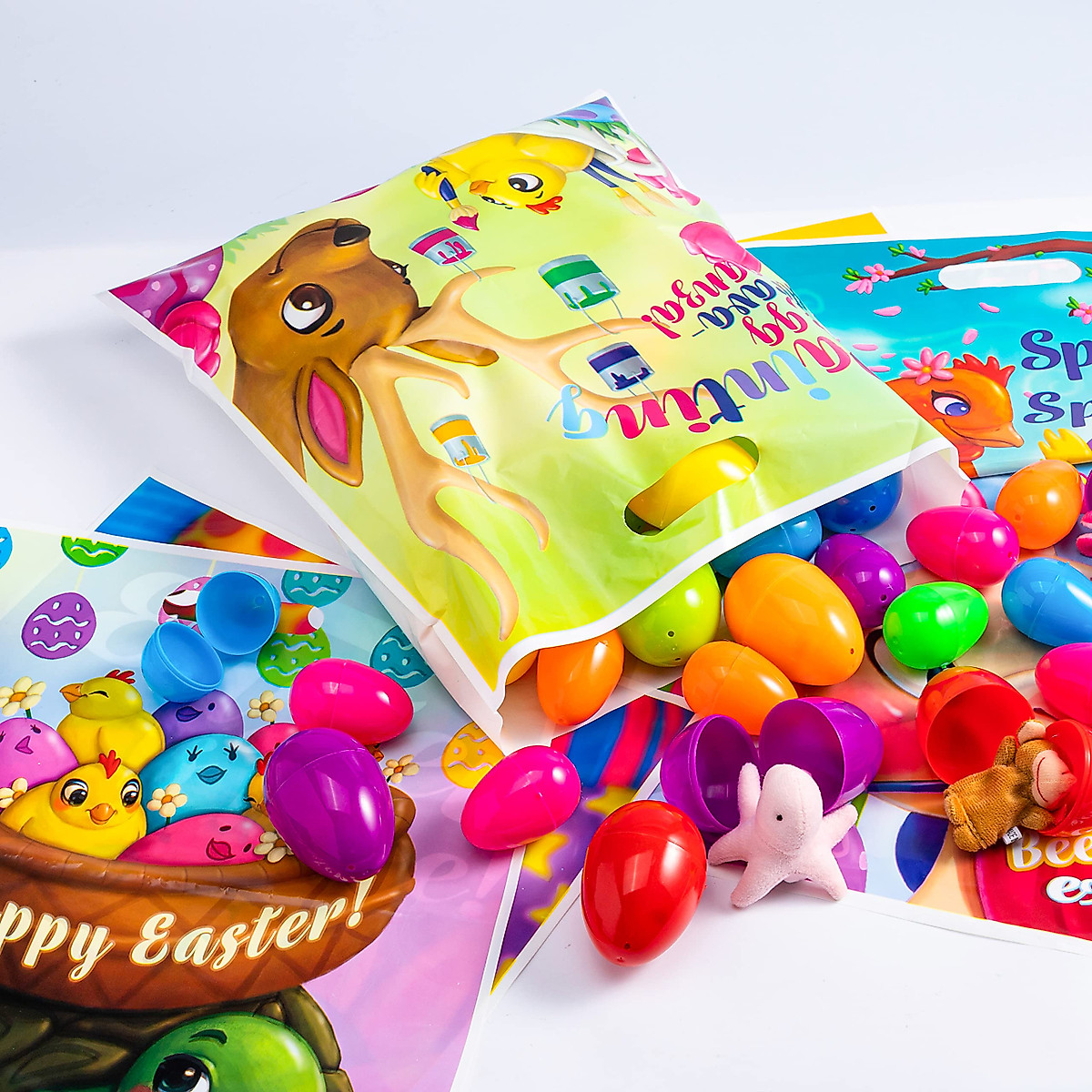 JOYIN 48 Pcs Easter Gift PE Bags 11.8" x 11.8", Egg Shaped PE Easter Gift Goodie Bags Party Treat Bags for Easter Egg Hunt, Easter Kids Party Favor Supplies