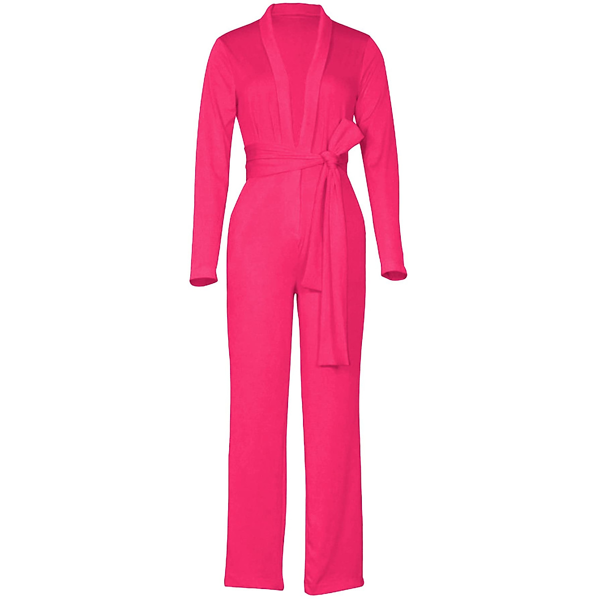 LYANER Women's Deep V Neck Shawl Collar Long Sleeve Pant with Pockets Waist Tie Romper Blazer Jumpsuit Rose Large