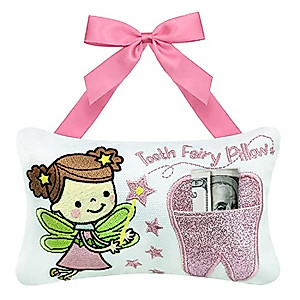 free-space Tooth Fairy Pillow for Boy and Girl Embroidered Cartoon Tooth Pocket Tooth Fairy Gifts Kids (Pink)