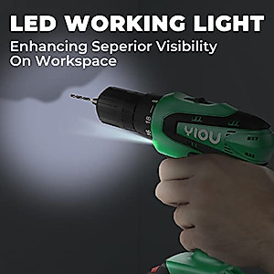 YIOU 20V MAX Cordless Drill, 18 Position Clutch Drill with 23PCS Drill Set, 3/8 Inches Keyless Chuck Power Drill and Battery Charger, Green Driller Set