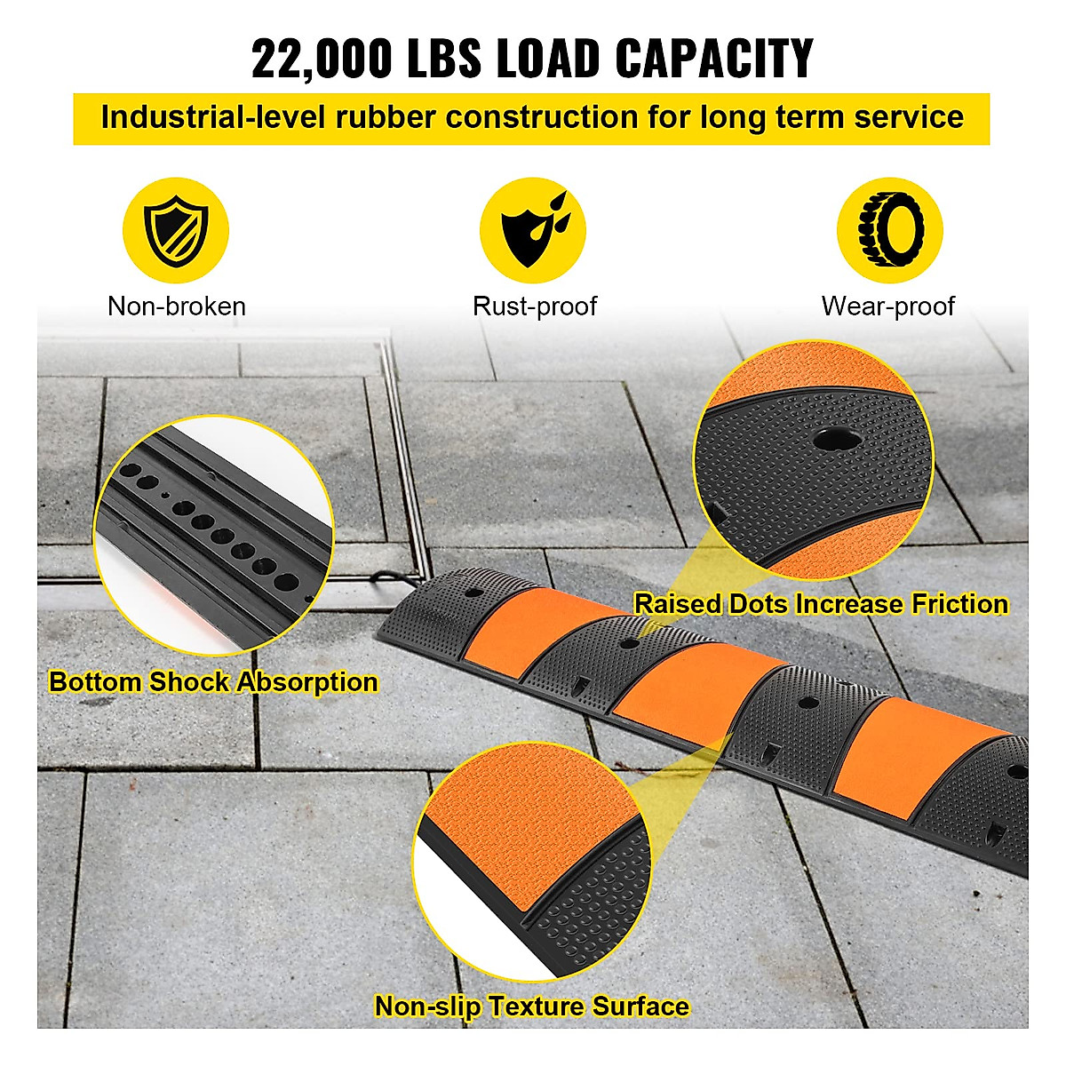 VEVOR Rubber Speed Bump, 2 Pack 2 Channel Speed Bump Hump, 72.8" Long Modular Speed Bump Rated 22000 LBS Load Capacity, 72.8 x 12.2 x 2.2 Garage Speed Bump for Asphalt Concrete Gravel Driveway-6 FT