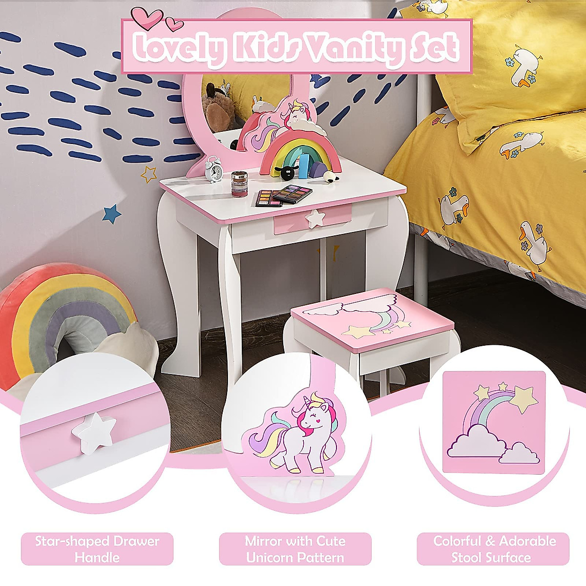 OLAKIDS Kids Vanity, 2 in 1 White Princess Wooden Table and Chair Set for Toddlers with Detachable Unicorn Mirror, Stool, Storage Drawer, Pretend Beauty Make Up Dressing Play Set for Girls Age 4-9