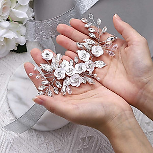 Latious Silver Flower Bride Wedding Hair Vine Crystal Bridal Hair Piece Rhinestone Hair Accessories Leaf Hair Jewelry for Women and Girls(5.5Inches) (A-Silver)