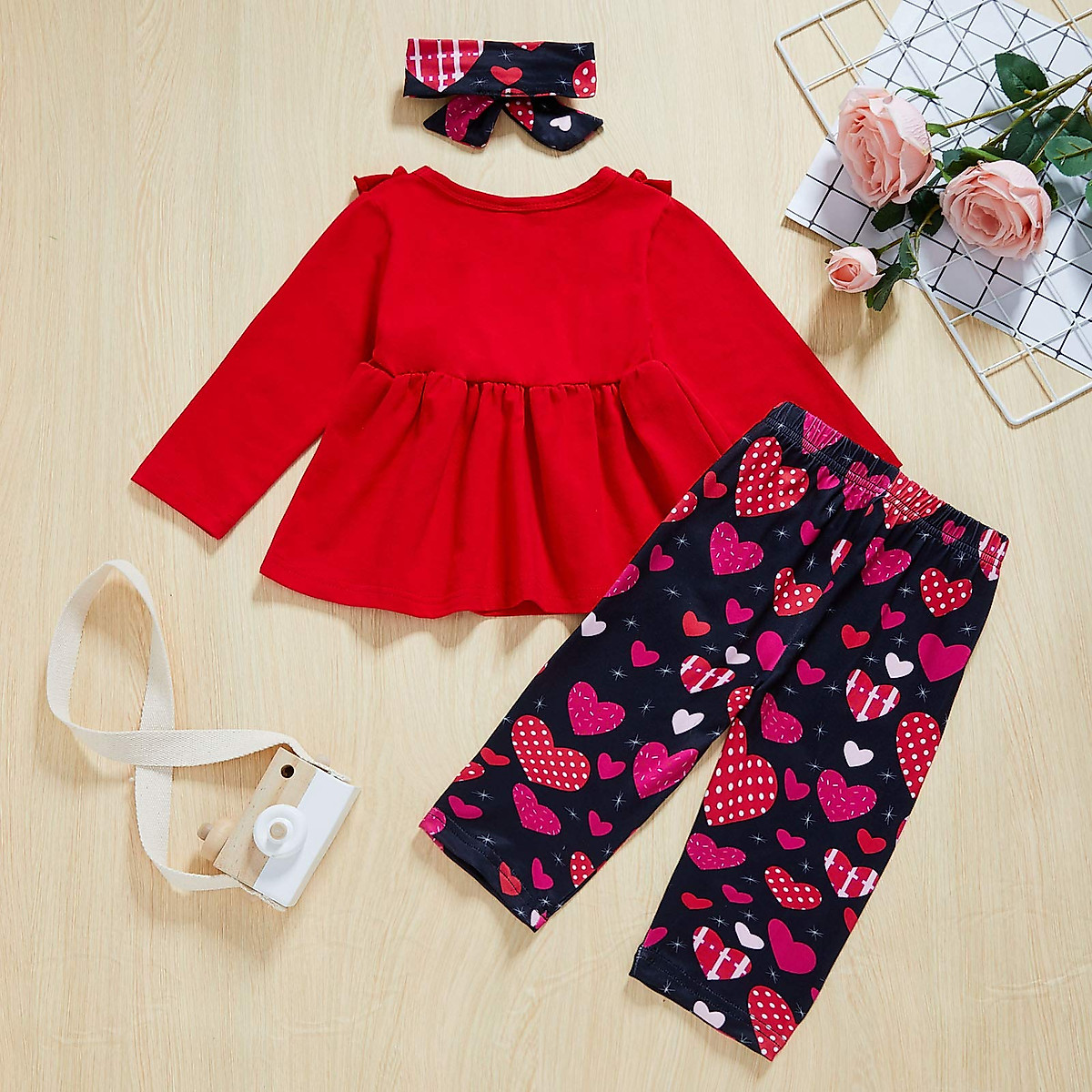 Sinhoon Valentine's Day Outfits Baby Kids Girl Long Sleeve Dress Heart Print Pants with Headband 3Pcs Clothes (Red-B, 2-3T)