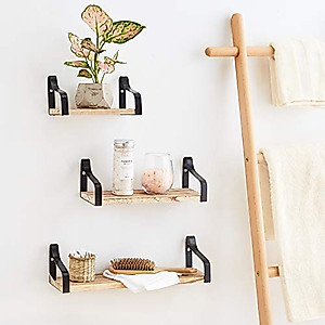 Coral Flower Set-of-3 Wall-Mounted Floating Shelves for Bedroom, Living Room, Bathroom, Kitchen, Office and More, 17inch, Natural Paulownia wood + Iron, Espresso 1