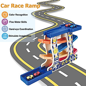 Tmgooyier Toddler Toys for 1 2 3 Years Old, Wooden Car Ramp Racer Toy Vehicle Set with 4 Mini Cars & Race Tracks, Montessori Toys for Toddlers Boys Girls Birthday