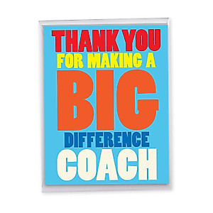 NobleWorks - 1 Jumbo Coach Thank You Greeting Card from Us (8.5 x 11 Inch) with Envelope, Team Sports Athlete, Oversize Note for School Teacher - Big Difference Coach J8159TYG-US
