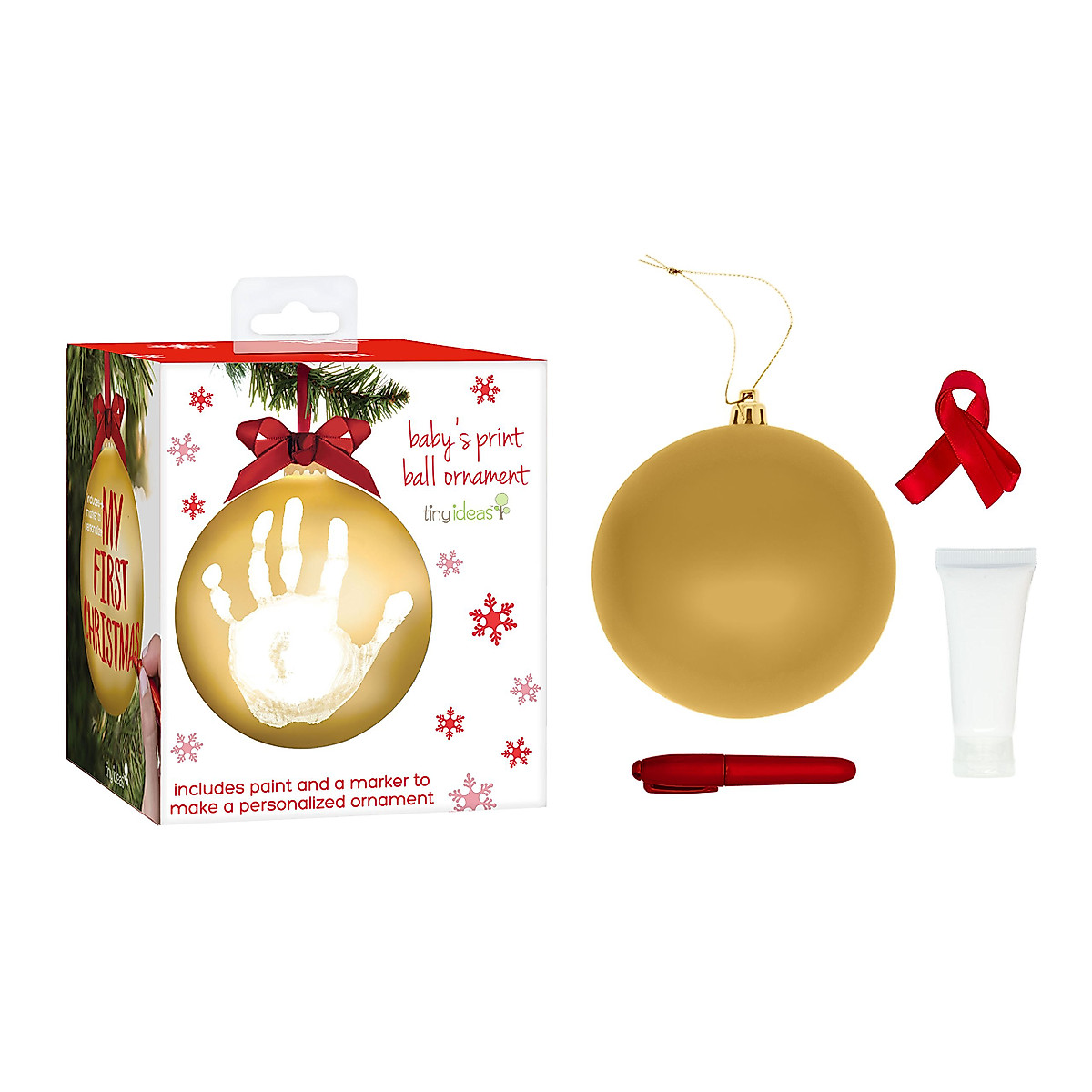 Tiny Ideas Christmas Baby's Print Ball Ornament with Included Paint for Handprint, DIY Christmas Newborn Holiday Keepsake, Bauble Ornament, Gold