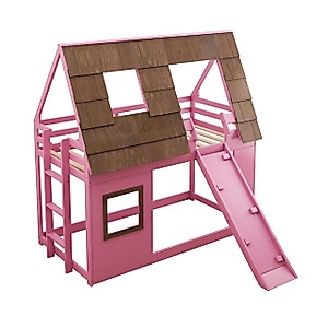 SOFTSEA Pink House Bunk Bed with Roof Low Bunk Bed with Slide for Girls, Twin Over Twin