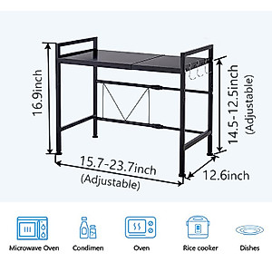 Expandable Microwave Oven Rack, 2 Tiers Metal Heavy Duty Microwave Stand, Adjustable Countertop Kitchen Organizer with 3 Hooks (Black, H-frame 2 tier)