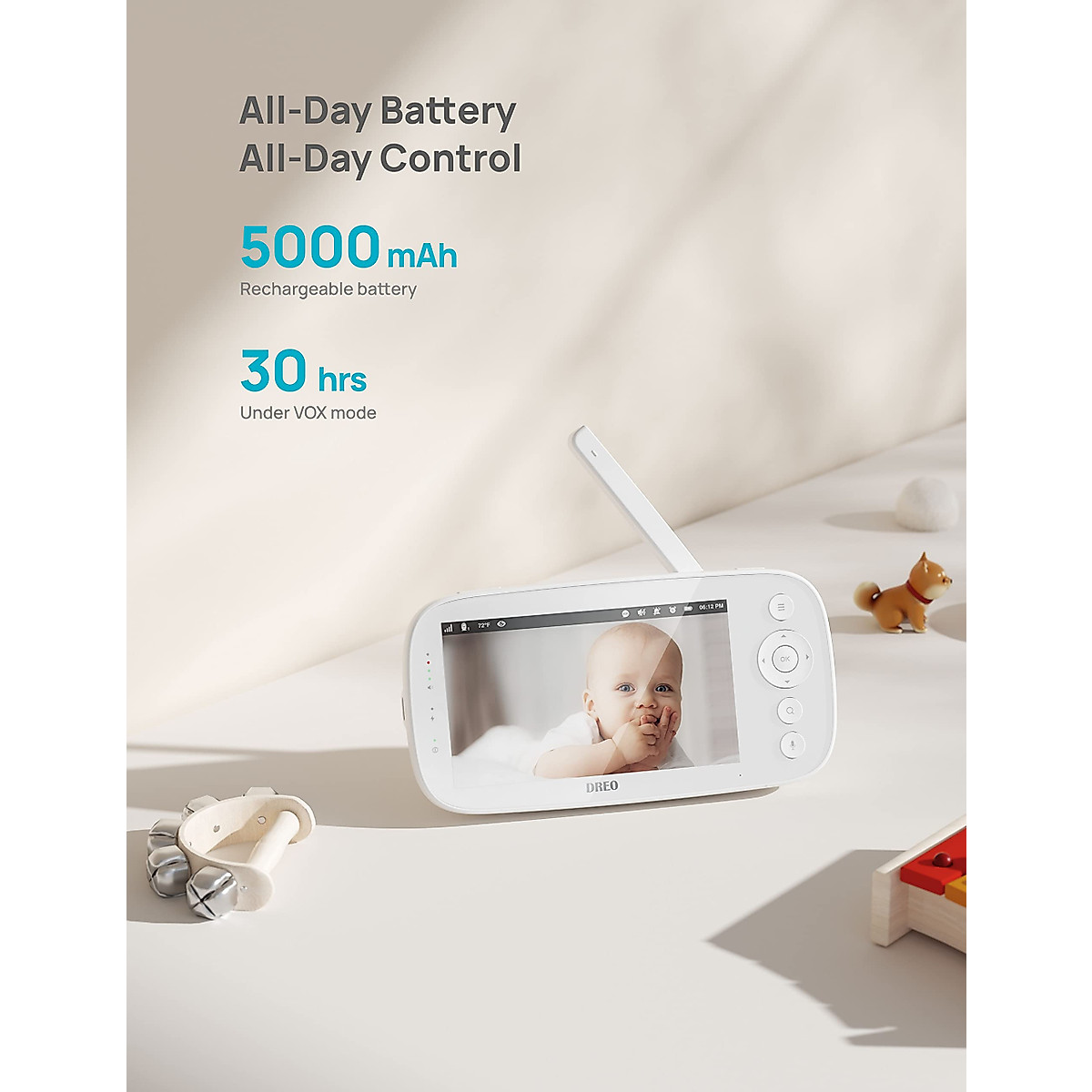 Dreo Baby Monitor, 5 Inches 720P HD Split Screen Video Baby Monitor with Camera and Audio, Infrared Night Vision, 2-Way Talk, Remote PTZ, 1000ft Range, 5000mAh Rechargeable Battery with VOX Mode