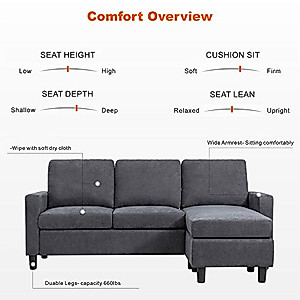 Walsunny Convertible Sectional Sofa, L-Shaped Couch with Chaise, Modern Small Sectional Couches for Small Spaces, Living Room(Grey)