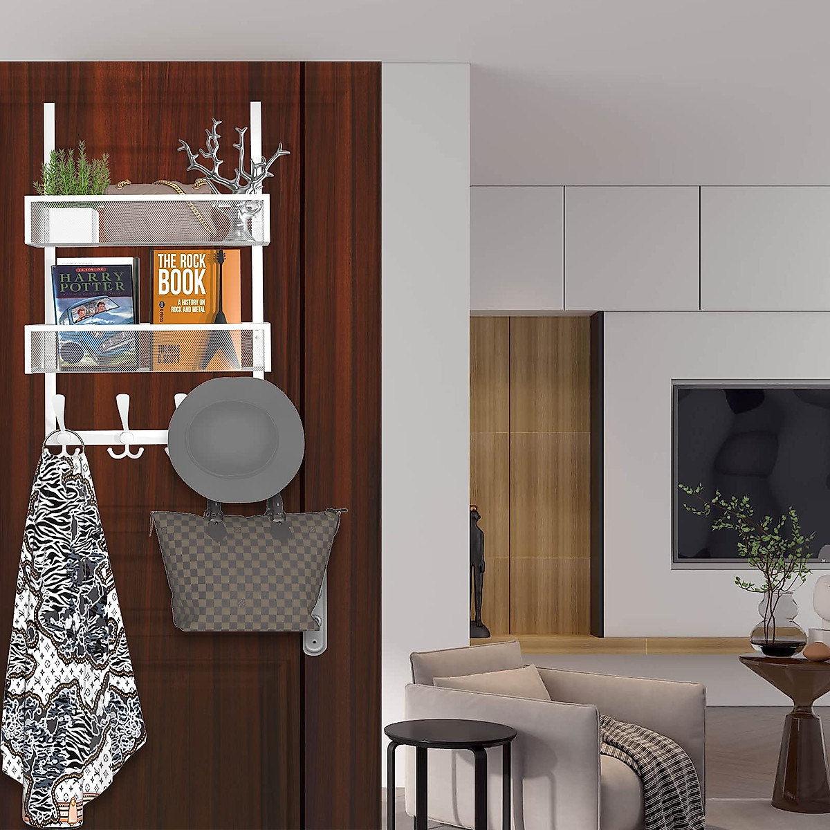 Kaiferty Over The Door Hooks Organizer,Coat Rack with 12 Hooks and 2 Mesh Baskets,Back of Door Storage Organizer for Bathroom,Bedroom,Kitchen,Office(White)