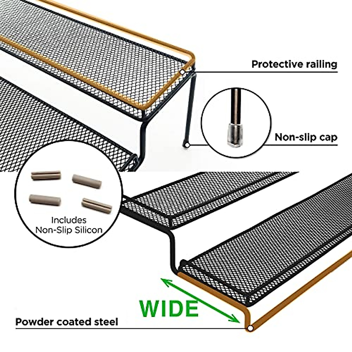 DOTORYDESIGN 3 Tier Wide Expandable Cabinet Spice Rack Organizer (14.5" to 29.1") - Step Shelf with Protection Railing, Black