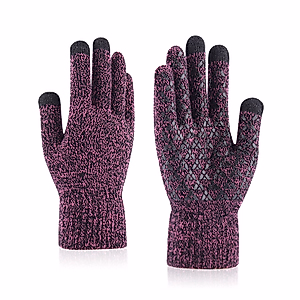 FuninCrea Winter Knit Gloves, Men Women Touch Screen Cold Weather Gloves, Full Finger Soft Warm Anti Slip Gloves for Hiking, Fishing, Cycling (Black-Pink, Large)