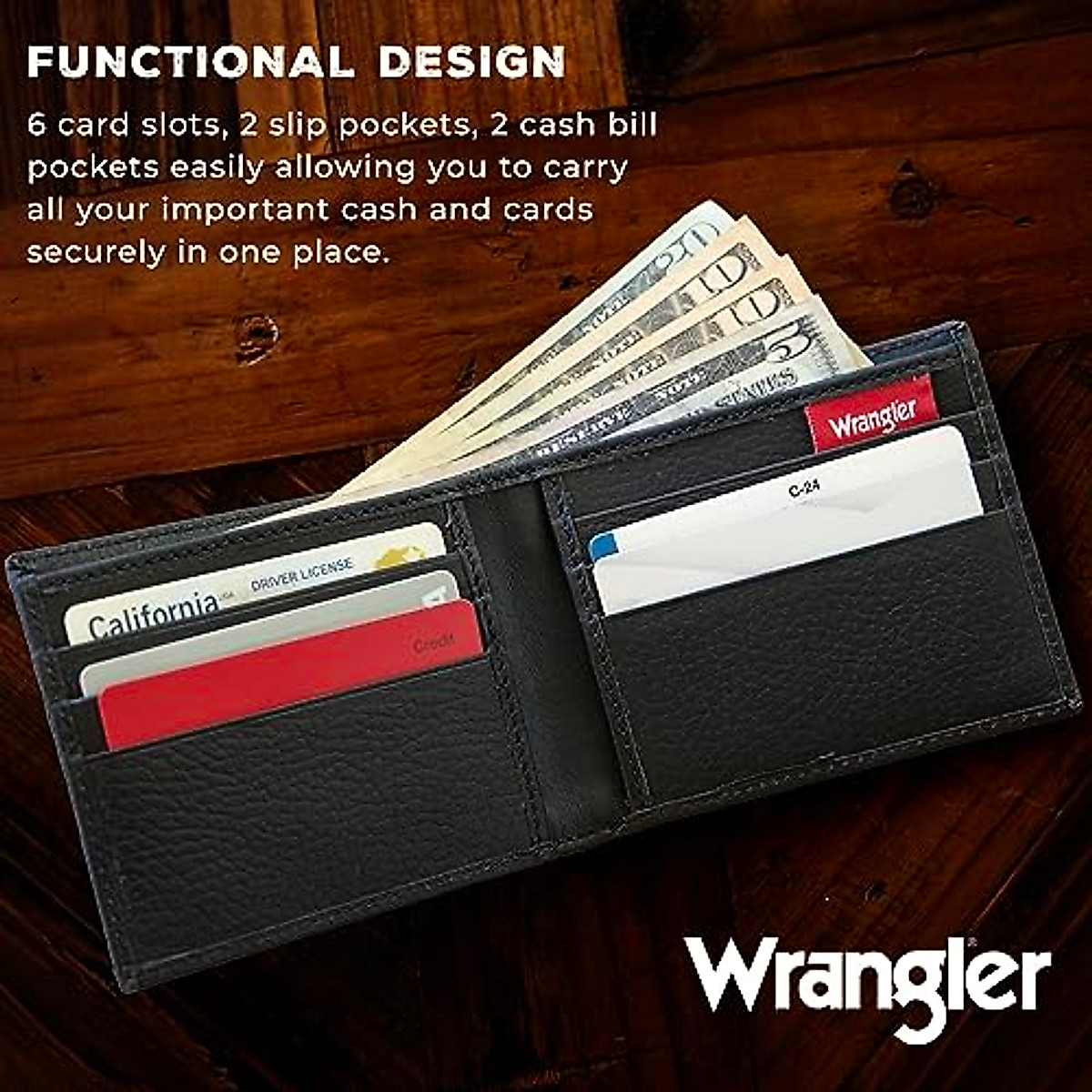 Wrangler Men’s Bifold Wallet Slim Genuine Leather Casual Everyday Minimalist Cash and Card Holder (Black)