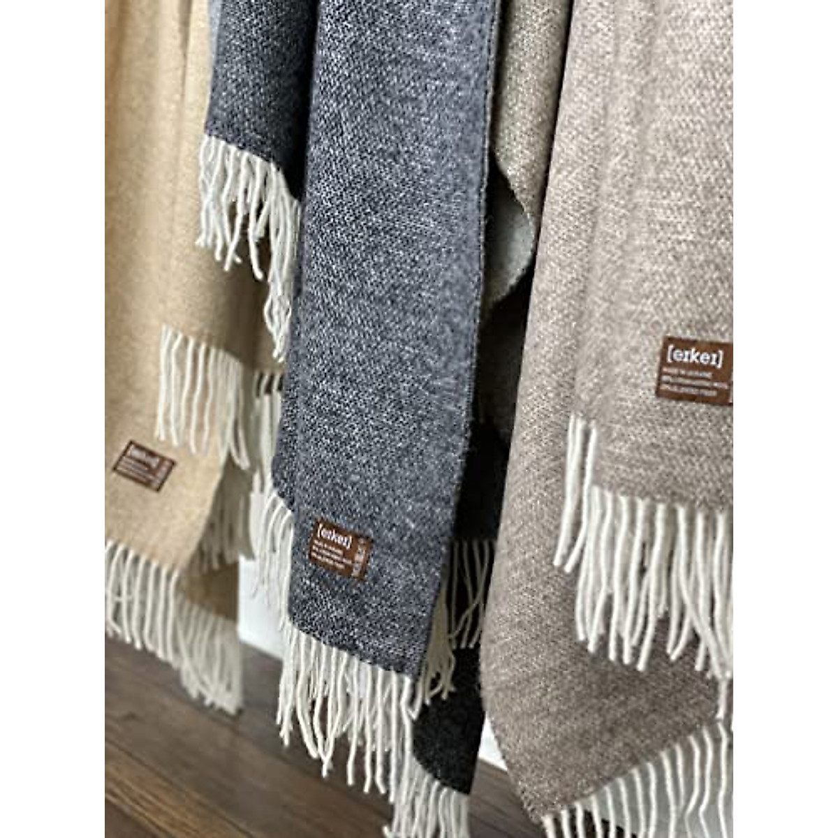 Eikei Wool Throw Blanket Double Sided Oversized Couch Throw Blanket Fringe Trim Soft Merino Woolen Afghan Minimalist Style Lightweight Machine Washable Solid Reversible (Camel, 55Wx78L)