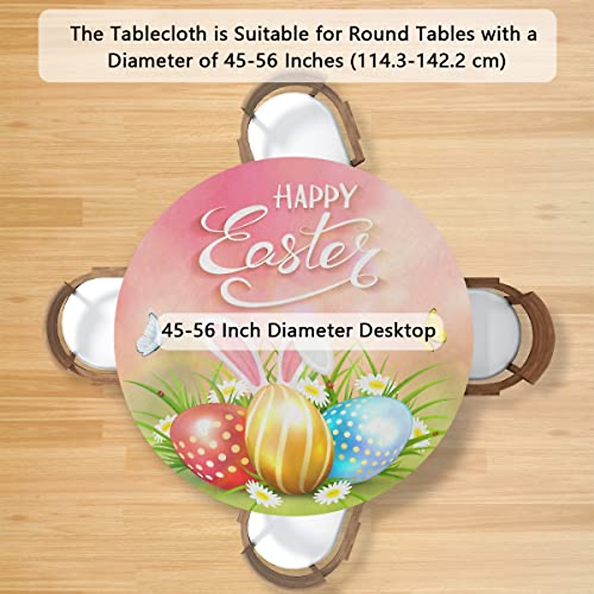 Easter Round Tablecloth with Elastic Edge, Happy Easter Rabbit Bunny Egg Fitted Tablecloth Washable Wipeable Spillproof Polyester Table Cover for Kitchen Dining Party Holiday Fits Round Table 45-56 In