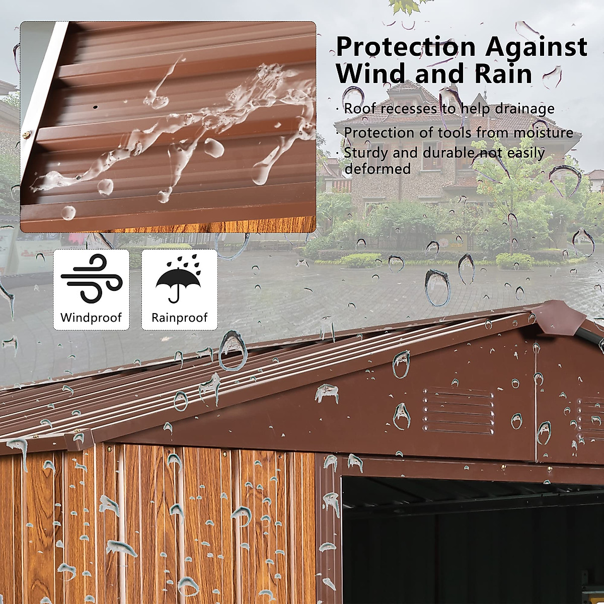 6.36ft x 5.7ft Outdoor Metal Storage Shed with Metal Floor Base,Sliding Doors and Window,Sun Protection,Waterproof Tool Storage Shed for Backyard, Patio, Lawn (Wood Grain & Dark Brown)