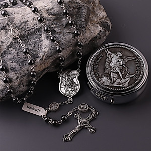 HanlinCC Saint Michael the Archangel Hematite Black Stone Beads Rosary Necklace with Metal Gift Box for Men