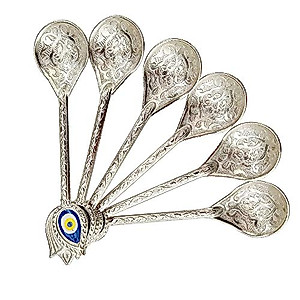 Kuchengerate 6pcs Evil Eye Beady Silver Casting Tea Coffee Stirring Teaspoons 12.7cm/5" inc Unique Nazar Design - a Different Product Dazzling - Suitable for Dessert Espresso Ice Cream - Best Gift Set