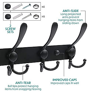 LotFancy Wall Mounted Coat Rack, Black Coat Hooks for Wall, 3 and 5 Tri Hooks, Stainless Steel Heavy Duty Metal Hook Rail for Coats, Hats, Towels, Handbags, for Kitchen, Mudroom, Entreway